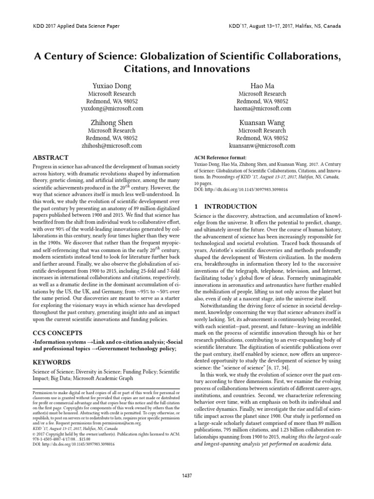 Dong Et Al 2017 - A Century of Science, Globalization of Scientific ...