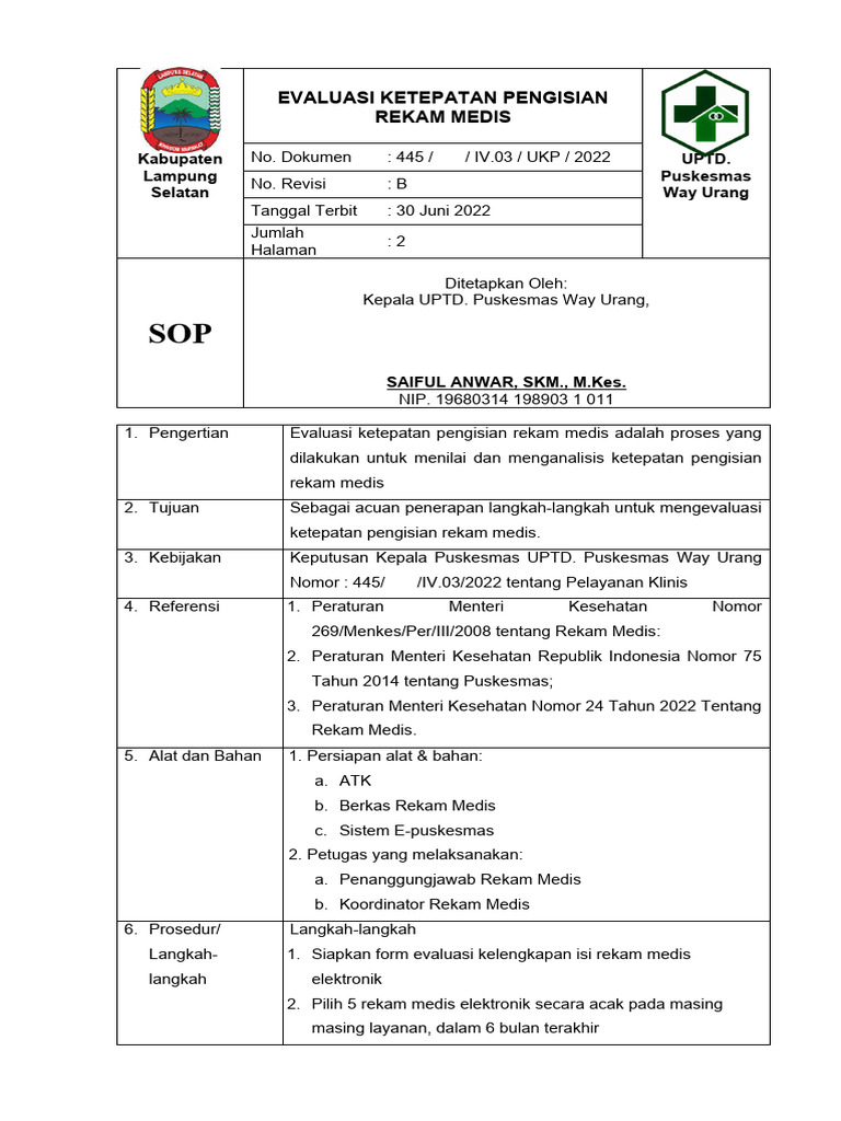 Sop Layanan Pendaftaran, RM, Kasir 2022 | PDF