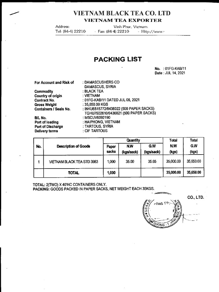 Packing List 072021 | PDF