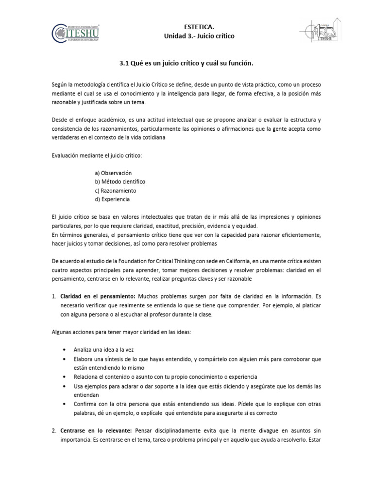 Juicio Crítico: Definición y Aplicación | PDF | Pensamiento | Experiencia