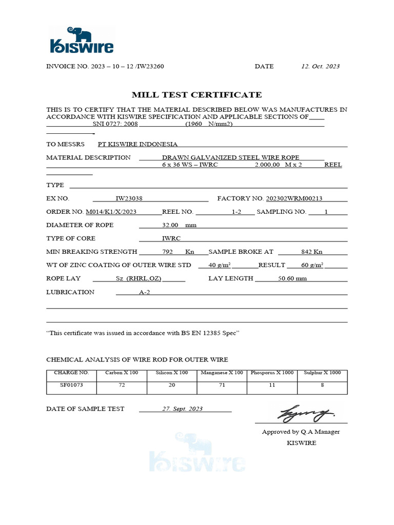 Mill Test Certificate for Steel Wire Rope | PDF