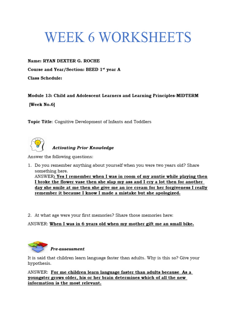 Ryan Dexter Roche - Week 6 Worksheets (Pred 2011) | PDF | Cognitive Development | Attachment Theory