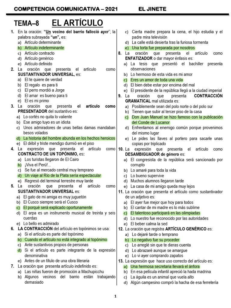 8 El Artículo - 100 Preguntas 2021 | PDF | Palabra | Adjetivo