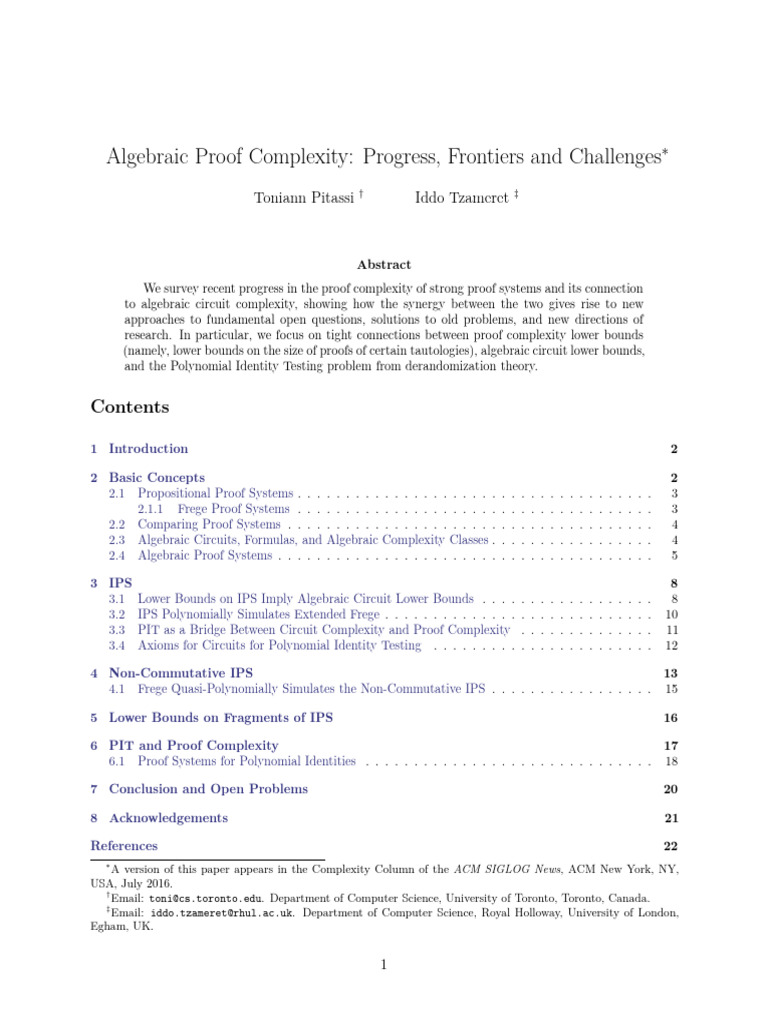 Pitassi & Tzameret - Algebraic Proof Complexity- Progress, Frontiers and Challenges | PDF ...