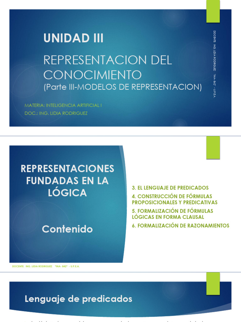 Unidad Iii: Representacion Del Conocimiento | PDF | Lógica de primer orden | Proposición