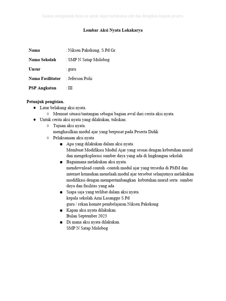 Lembar Aksi Nyata Lokakarya | PDF