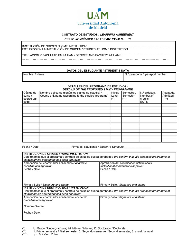 Acuerdo+de+Estudios Learning+Agreement No+erasmus | PDF | Academia ...