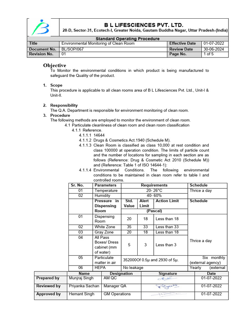 Bl-SOP-067 Environmental SOP | PDF | Hand Washing | Colony Forming Unit