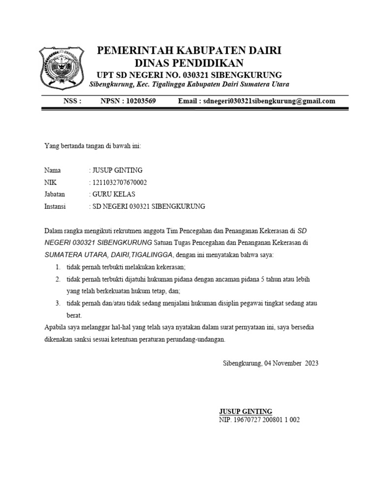 Lampiran 1 - Contoh Surat Pernyataan Keanggotaan TPPK Dan Satgas | PDF