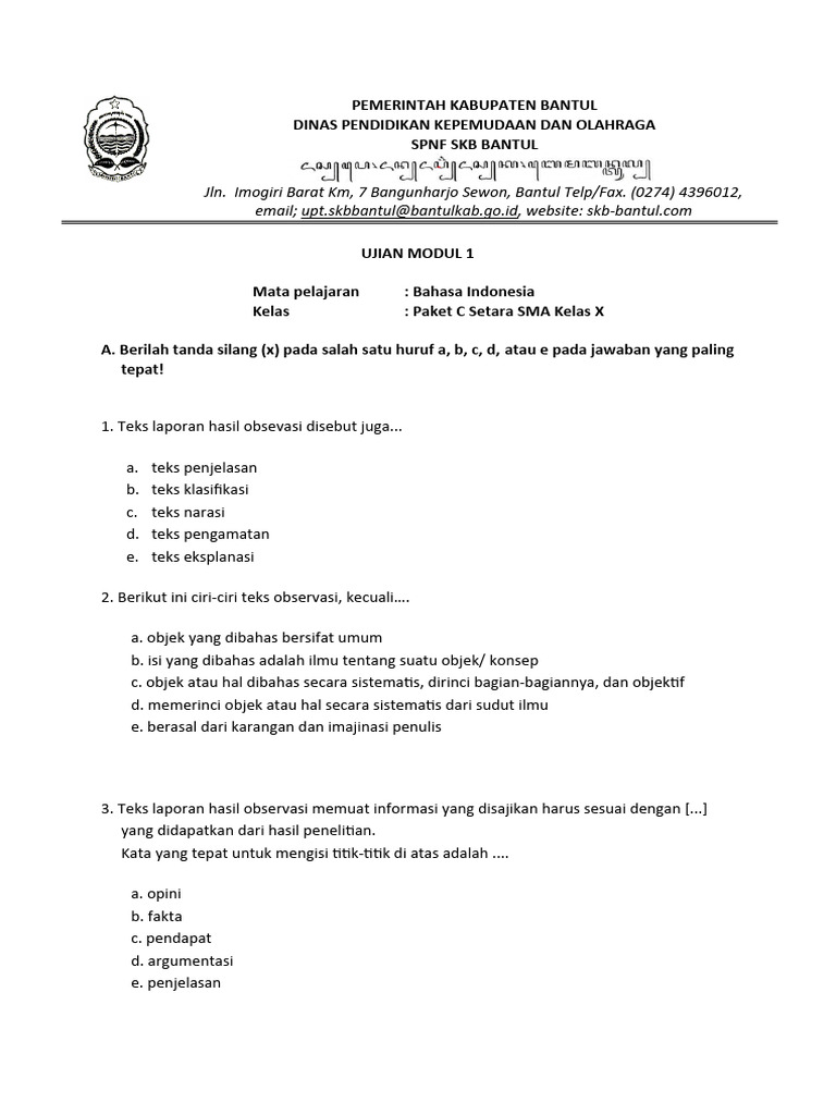 UJIAN MODUL Kelas X Bahasa Indonesia TLHO 2023 | PDF