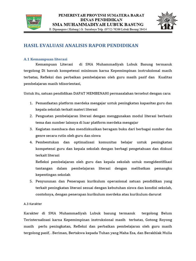 Hasil Evaluasi Analisis Rapor Pendidikan: Sma Muhammadiyah Lubuk Basung ...