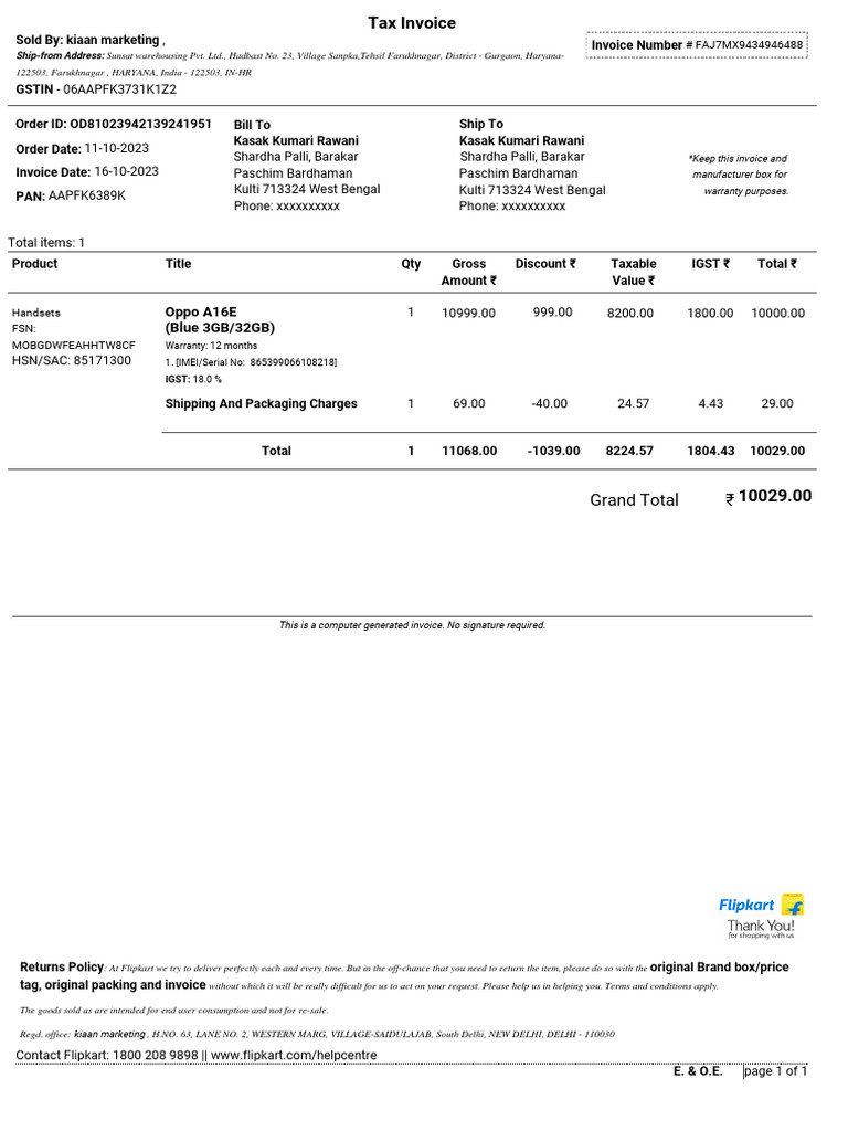 Kasak Rawani Flipkart Invoice | PDF | Business | Taxes