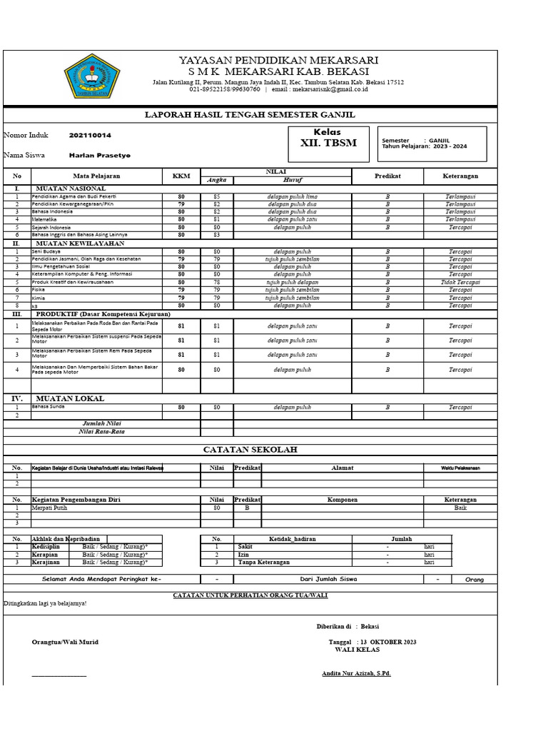 Format Rapot Bayangan PTS SMK | PDF