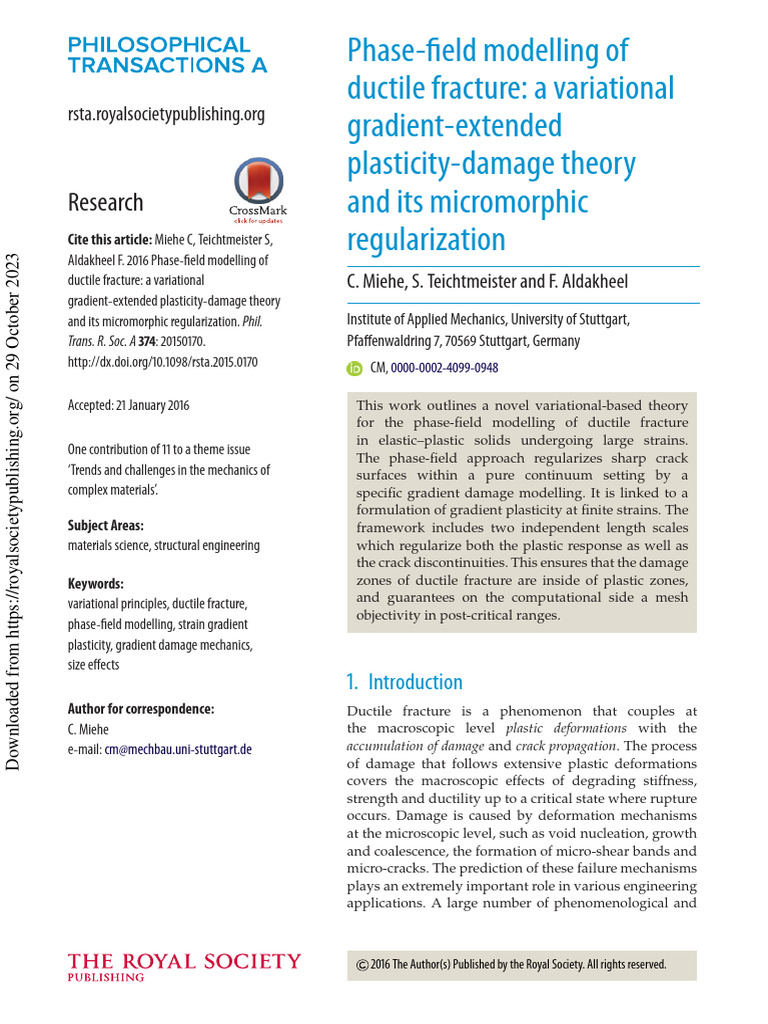 Miehe Phase Field Modelling Of Ductile Fracture Pdf