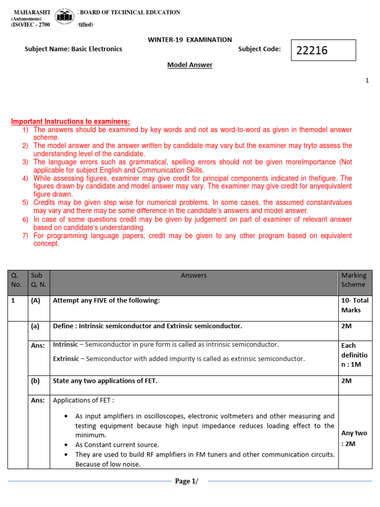 2019 Winter Model Answer Paper (Msbte Study Resources) | PDF | Rectifier | Field Effect Transistor