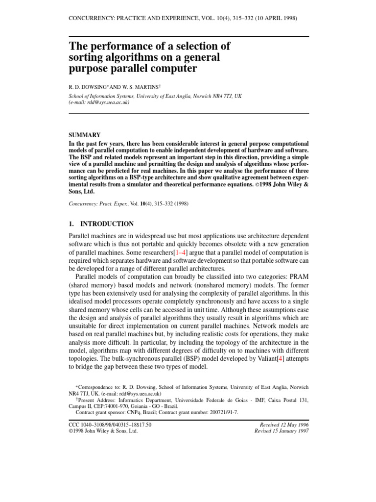 The Performance Of A Selection Of Sorting Algorithms On A General Purpose Parallel Computer 9344