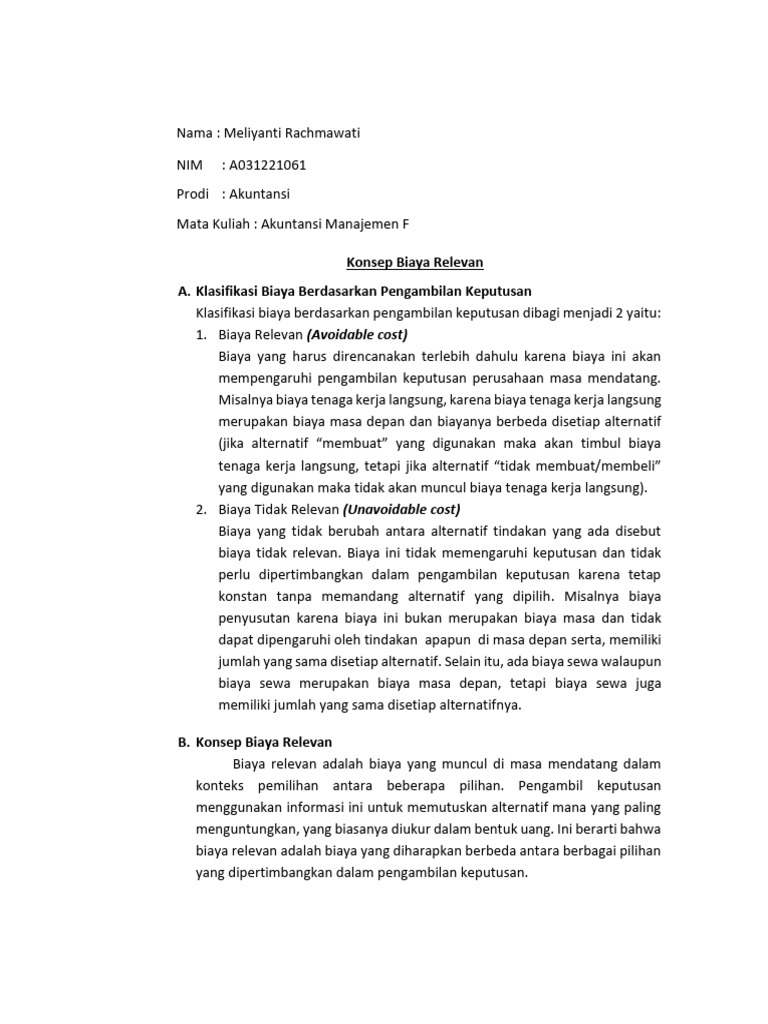 Akmen RMK 5 - Konsep Biaya Relevan | PDF