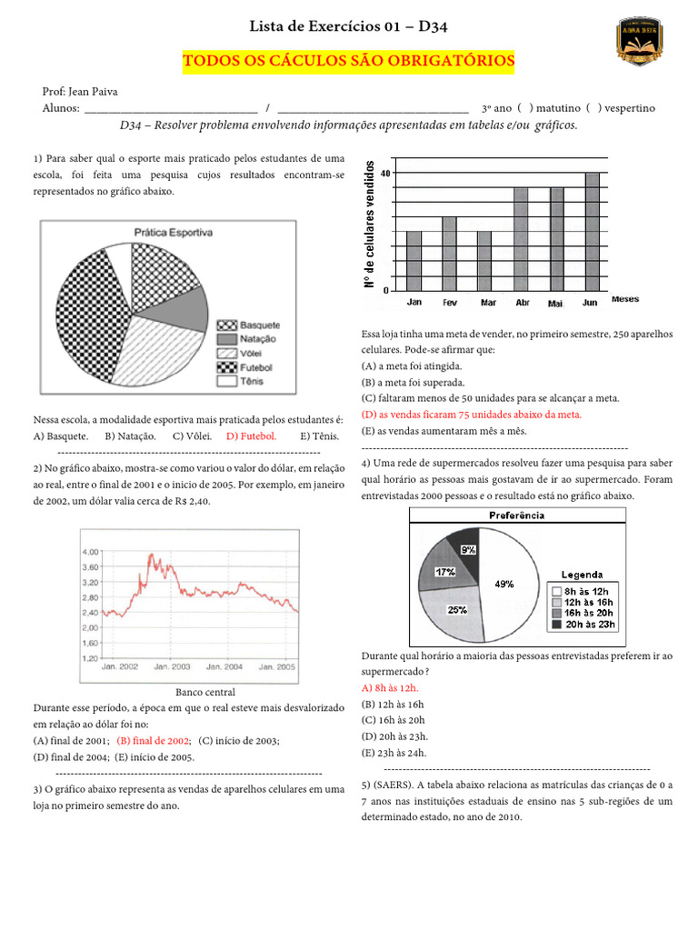 Lista de Exercícios 01 - D34 - Leitura de Tabelas e Gráficos-Gabarito | PDF