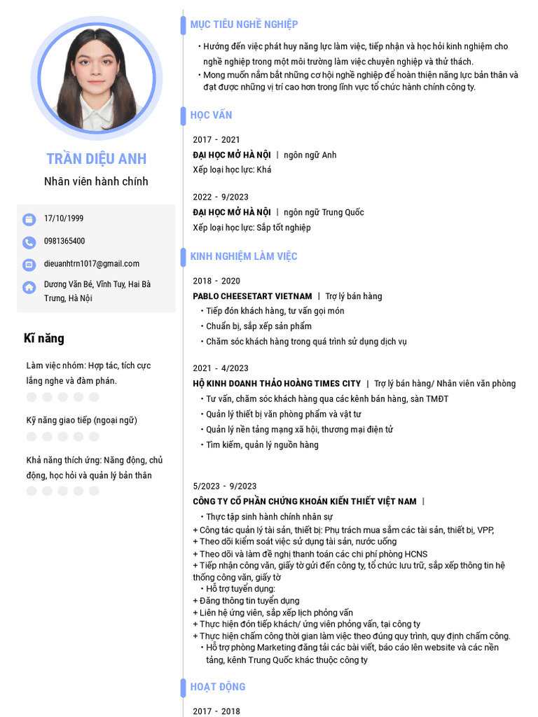 Tran Dieu Anh - CV CA Nhan | PDF