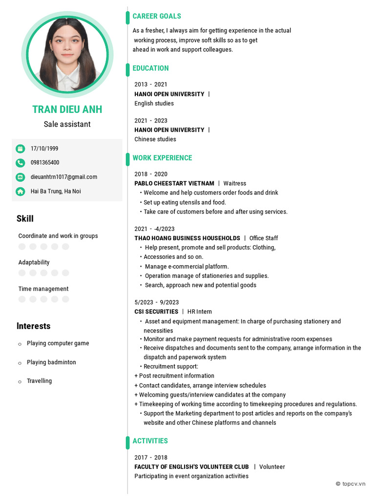 Tran Dieu Anh TopCV - VN 031023.132131 | PDF | Hanoi