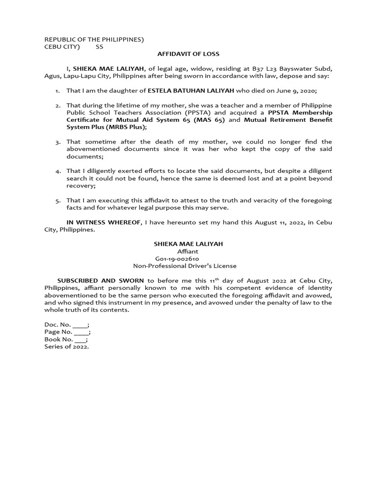 Affidavit of Loss of PPSTA | PDF
