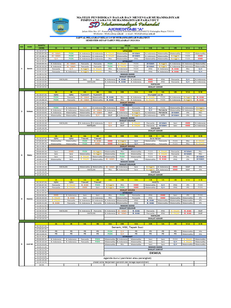 Jadwal Pelajaran Kelas 1 6 Sd Muhammadiyah Pahandut Pdf