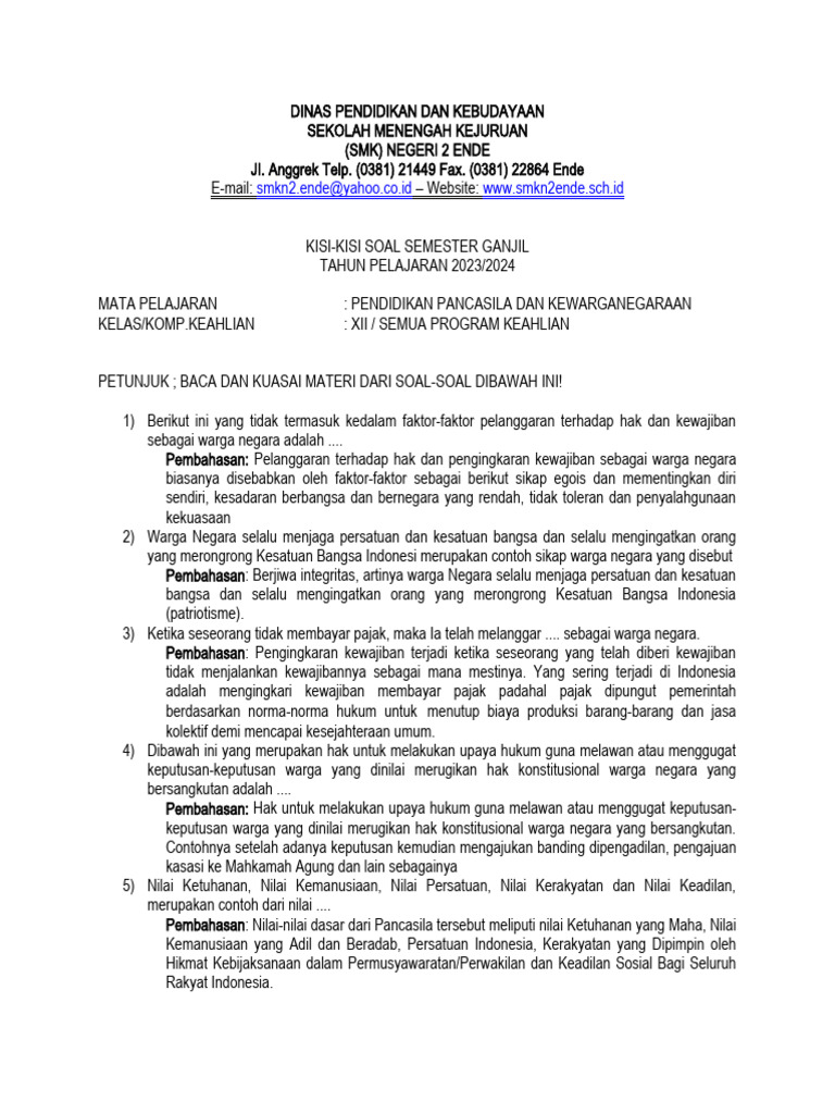 KISI-KISI SOAL PPKN SEMESTER GANJIL KLS XII 2023-2024 | PDF | Ilmu Sosial | Hukum