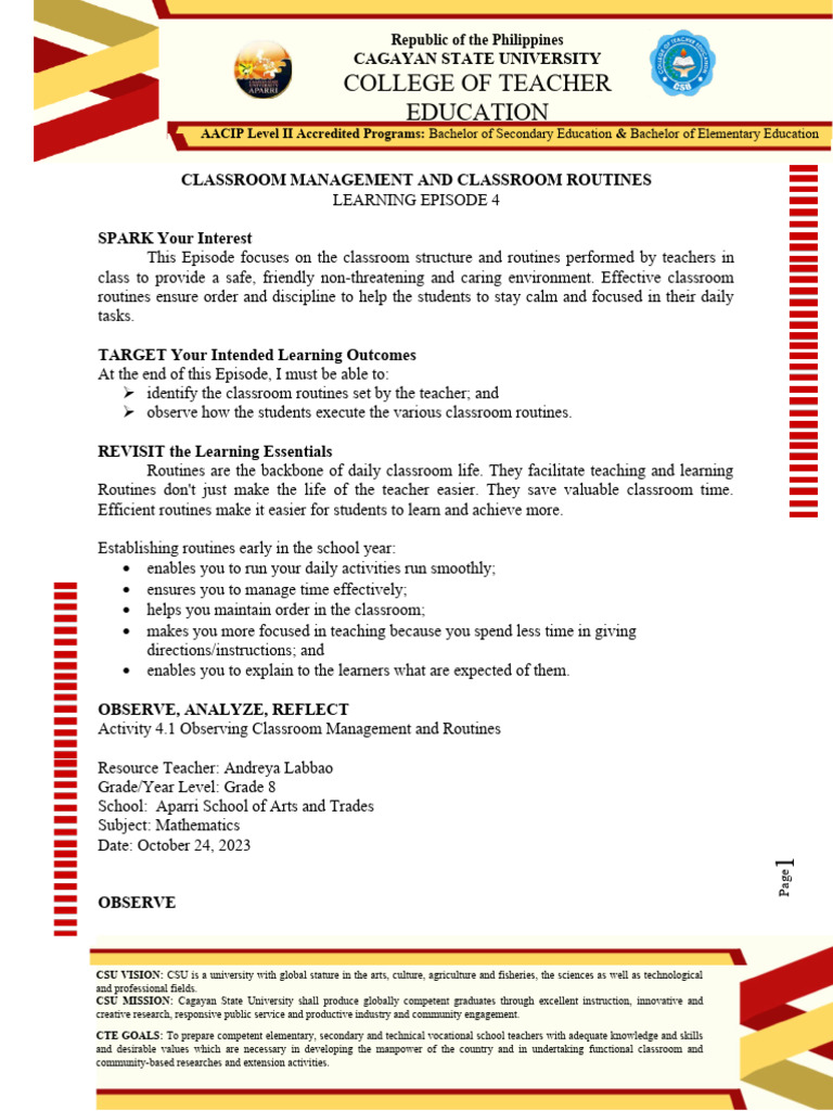 Classroom Management and Classroom Routines | Download Free PDF ...