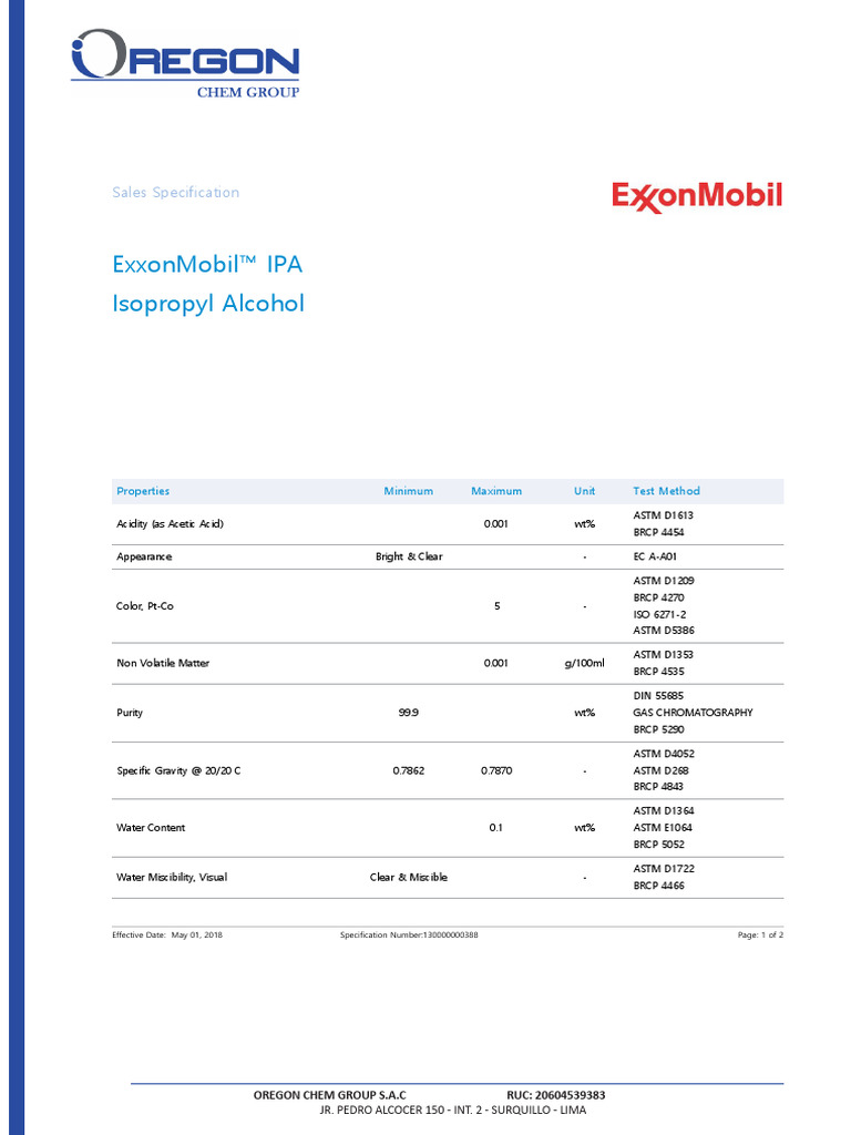 Alcohol Isopropilico - Ficha Tecnica - Exxonmobil | PDF