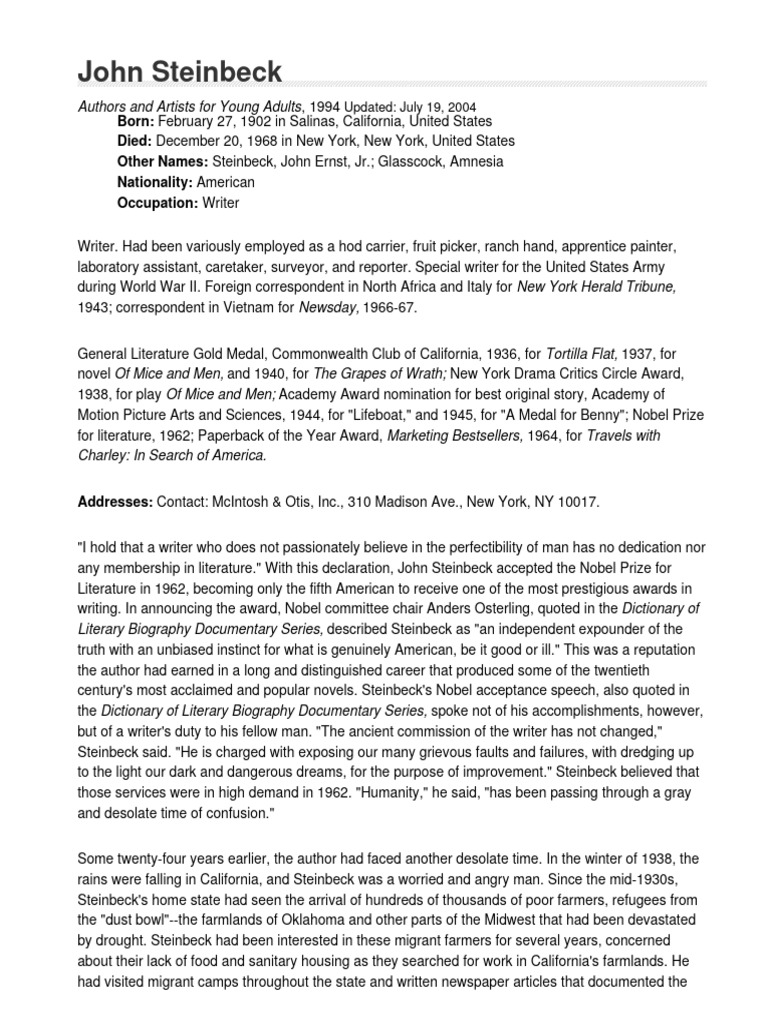 John Steinbeck Biography in Context Article | PDF | John Steinbeck