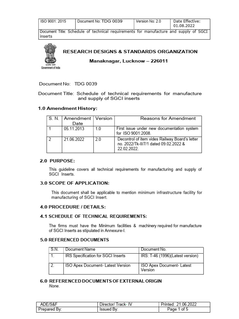 Schedule of Technical Requirements For Manufacture and Supply of SGCI ...