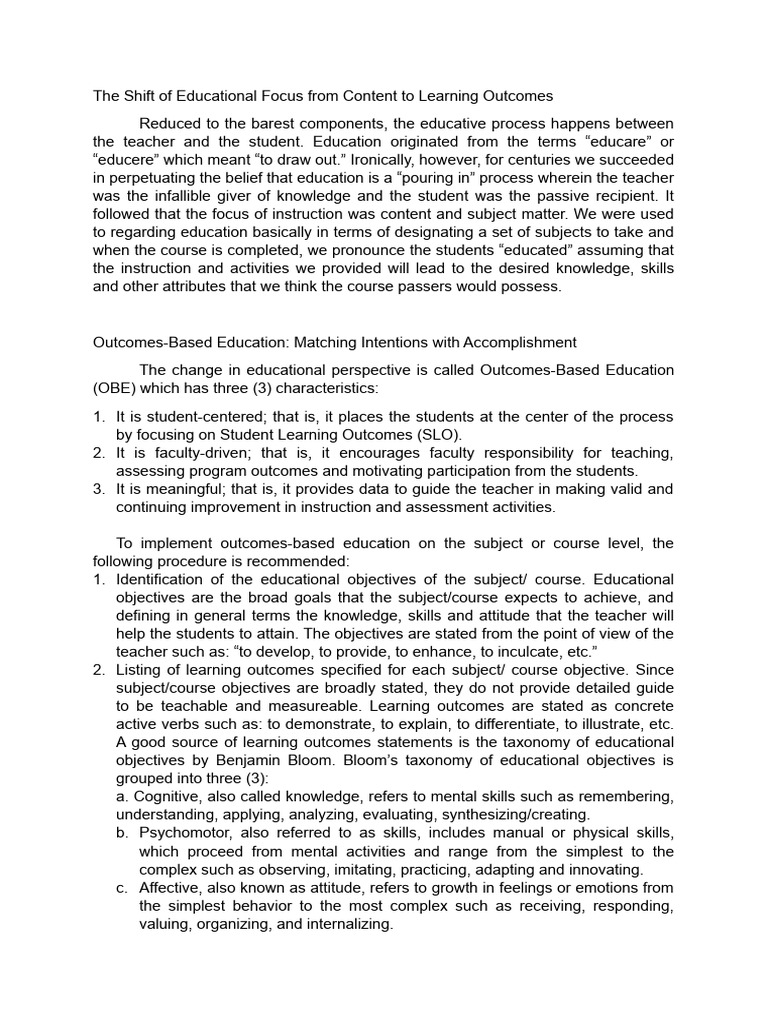 The Shift of Educational Focus From Content To Learning Outcomes ...