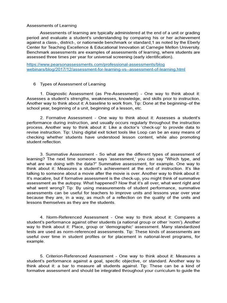 Types of Assessment of Learning | PDF