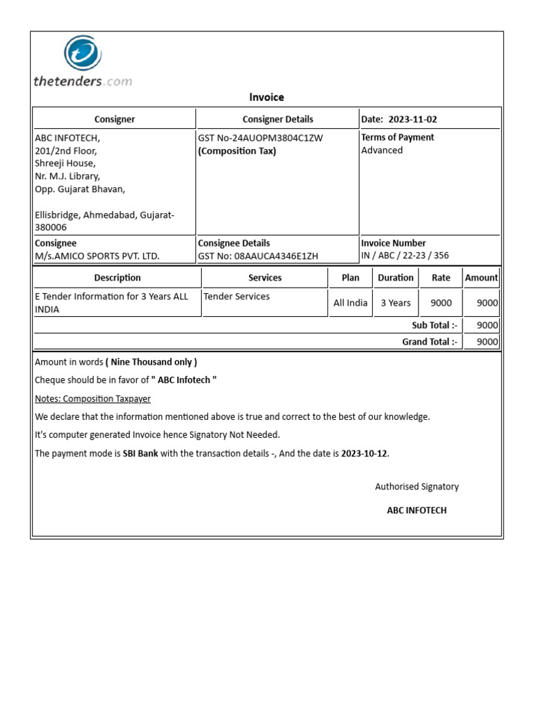 ABC Infotech Invoice for Tender Services | PDF