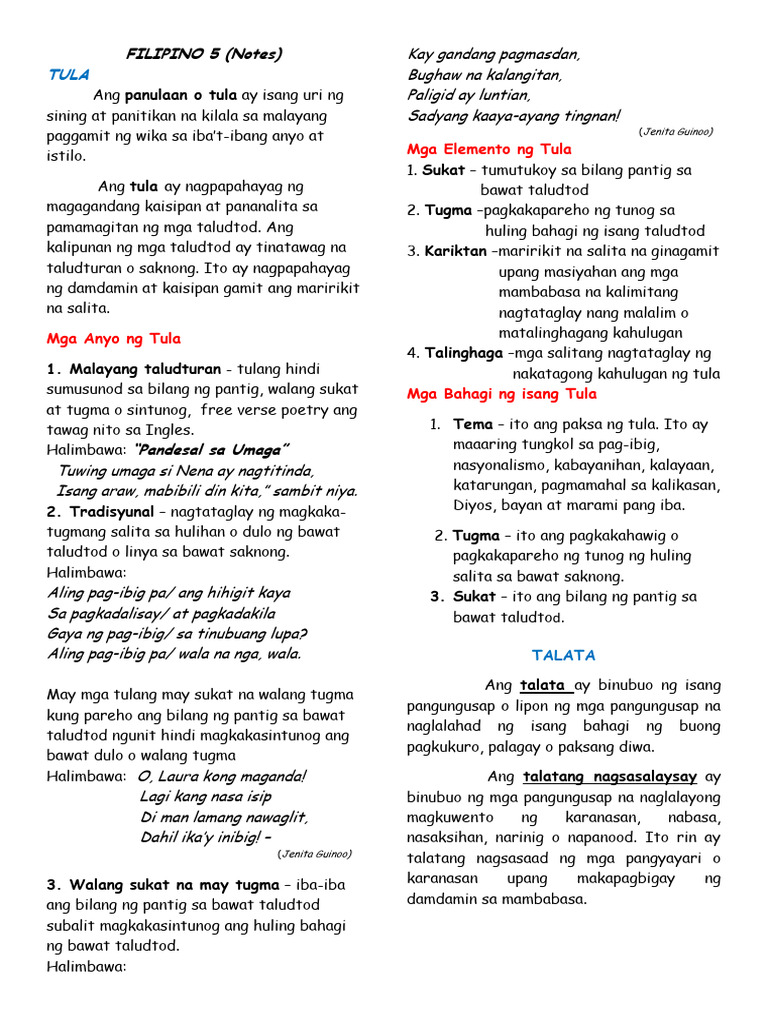 Filipino 5 Notes Q1-Tula | PDF
