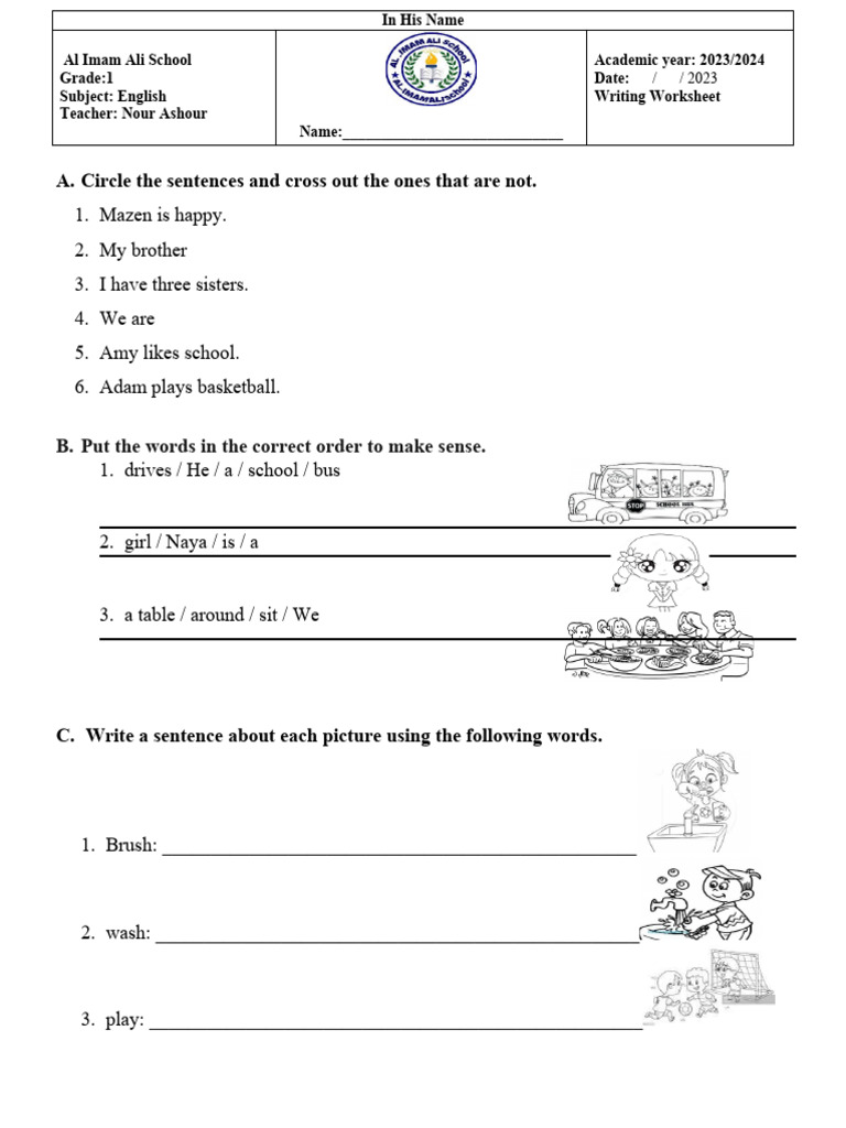 Grade 1 English Writing Worksheet | PDF