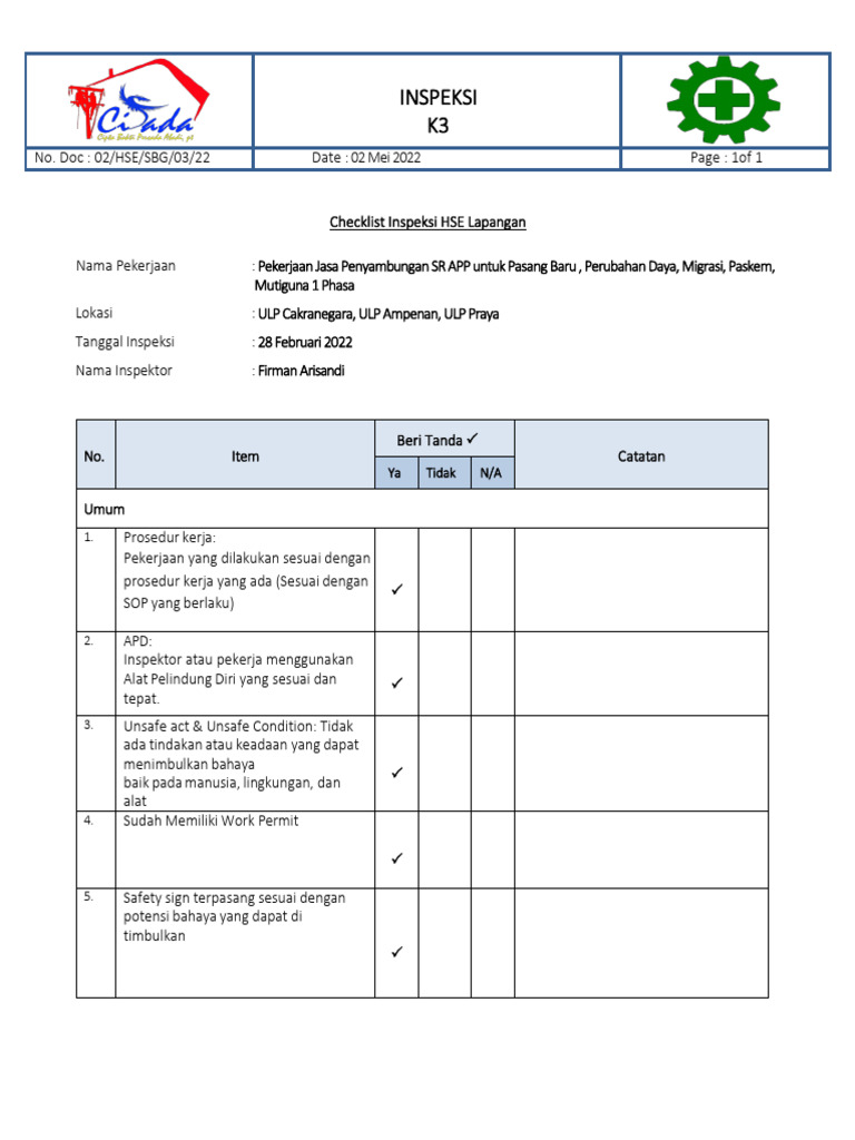 Checklist Inspeksi K3 Terbaru | PDF | Teknologi & Rekayasa