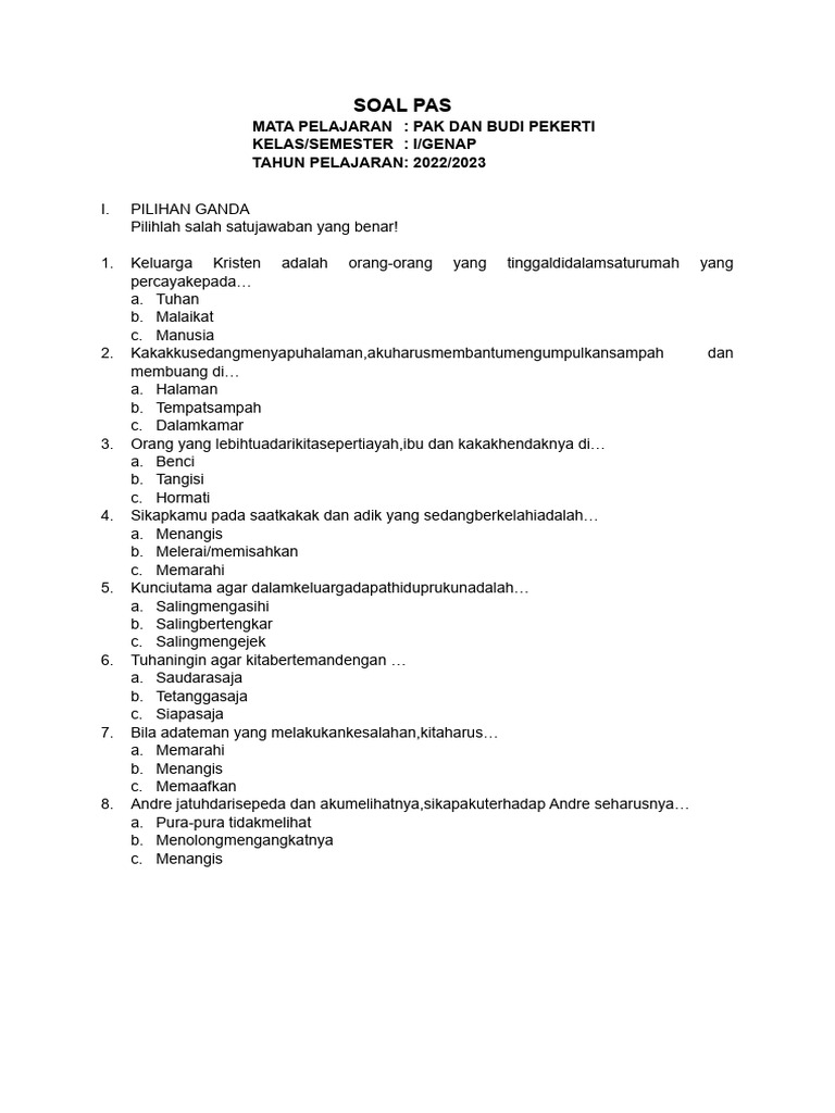 Soal Pas Kelas 1 | PDF