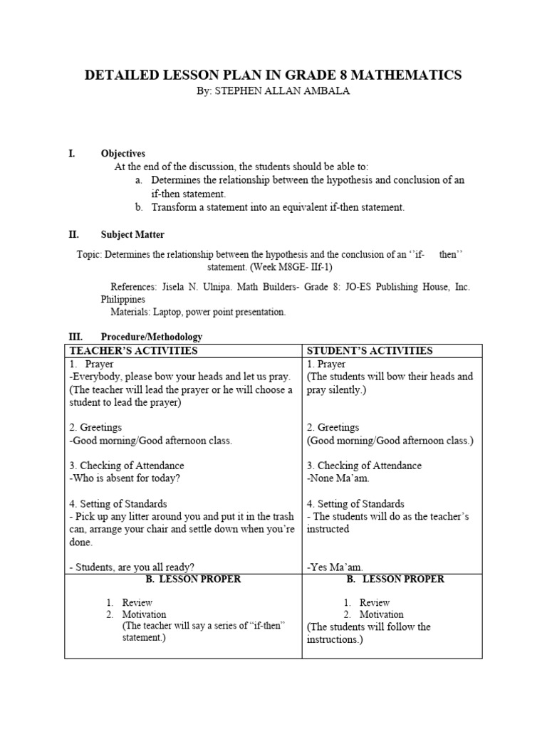 Detailed Lesson Plan in Grade 8 Mathematics | PDF | Numbers | Lesson Plan