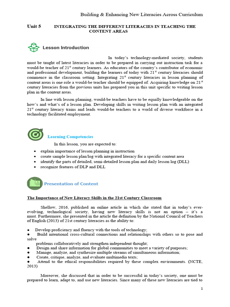 Unit 5 BENLAC Intregrating The Different Literacies in Teaching The Content Areas | PDF | Lesson ...