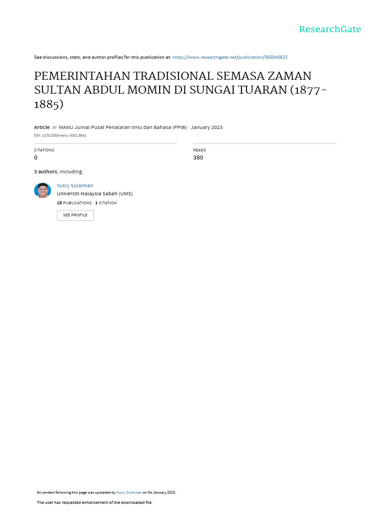 Pemerintahan Tradisional Semasa Zaman Sultan Abdul Momin Di Sungai Tuaran (1877-1885) | PDF