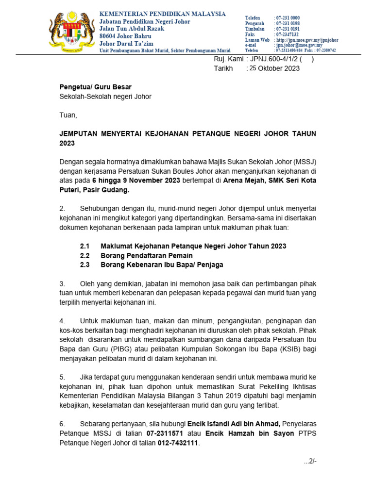 Jemputan Menyertai Kejohanan Petanque Negeri Johor 2023 | PDF