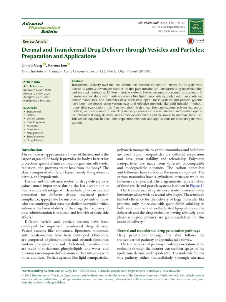 Dermal and Transdermal Drug Delivery Through Vesicles and Particles ...