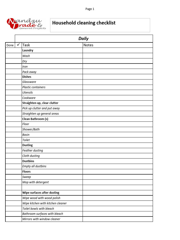 Household Cleaning Checklist | PDF | Bathroom | Home Appliance