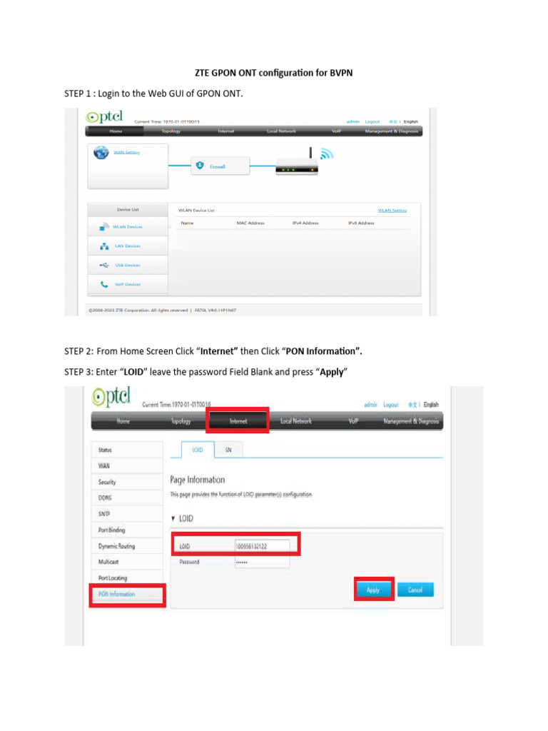 ZTE GPON ONT Configuration | PDF