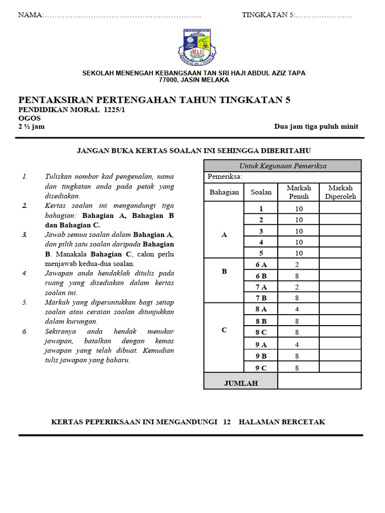 Soalan Pentaksiran Pertengahan Tahun Tingkatan 5 New | PDF
