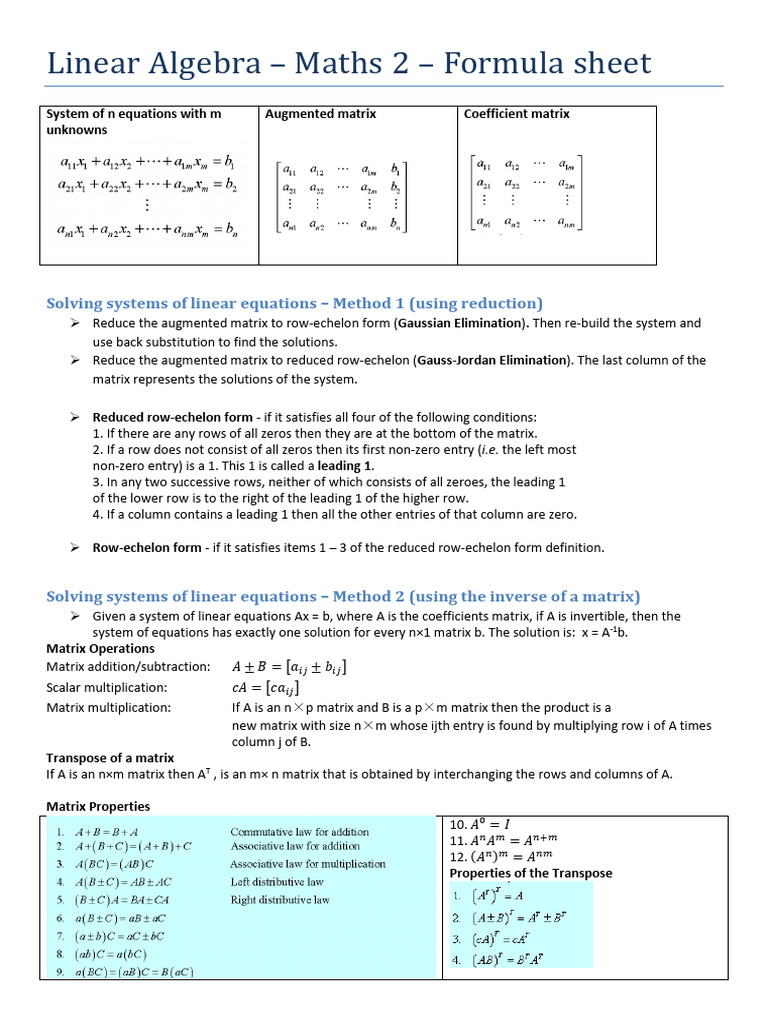 Formula Sheet For Linear Algebra | PDF