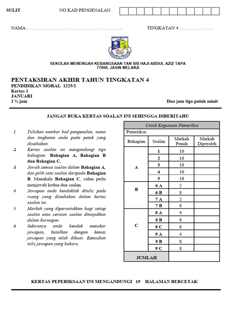 Soalan Pentaksiran Akhir Tahun Tingkatan 4 2022 | PDF