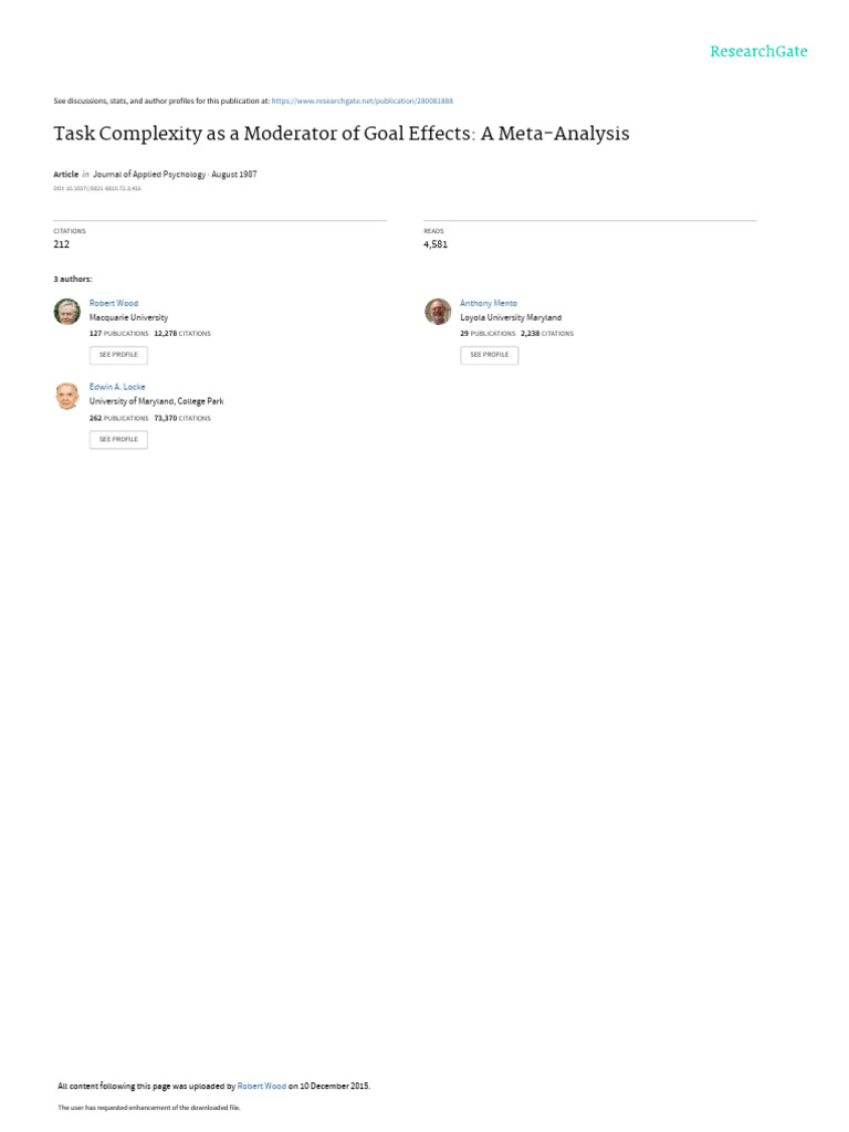 Task Complexity As A Moderator of Goal Effects: A Meta-Analysis | PDF | Effect Size | Variance