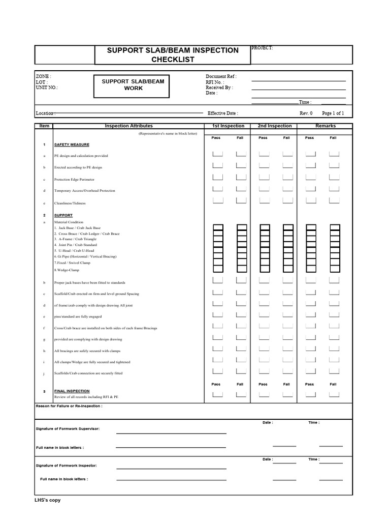 Support Slab Inspection Checklist | PDF | Scaffolding | Civil Engineering